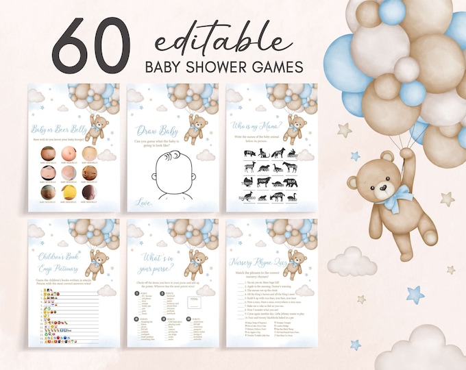 Editable Bear Balloon Baby Shower Games Bundle, Blue We Can Bearly Wait ...