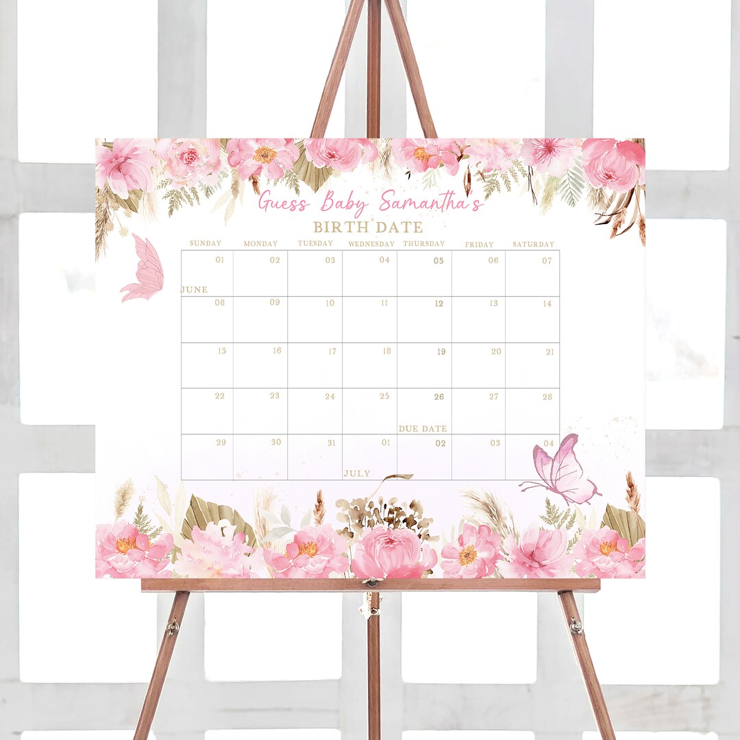 Editable Boho Butterfly Baby Shower Calendar, Pink Butterfly Shower Due ...