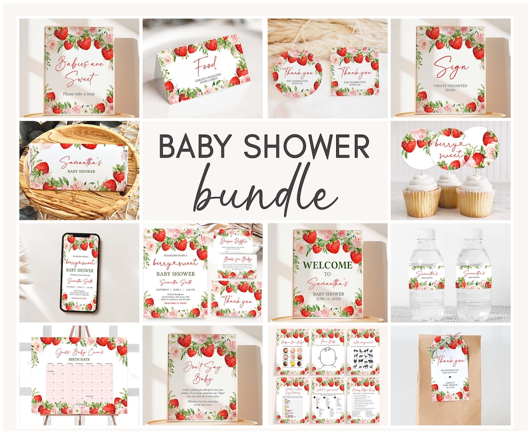 Editable Strawberry Baby Shower Bundle, Berry Sweet Baby Shower Pack ...