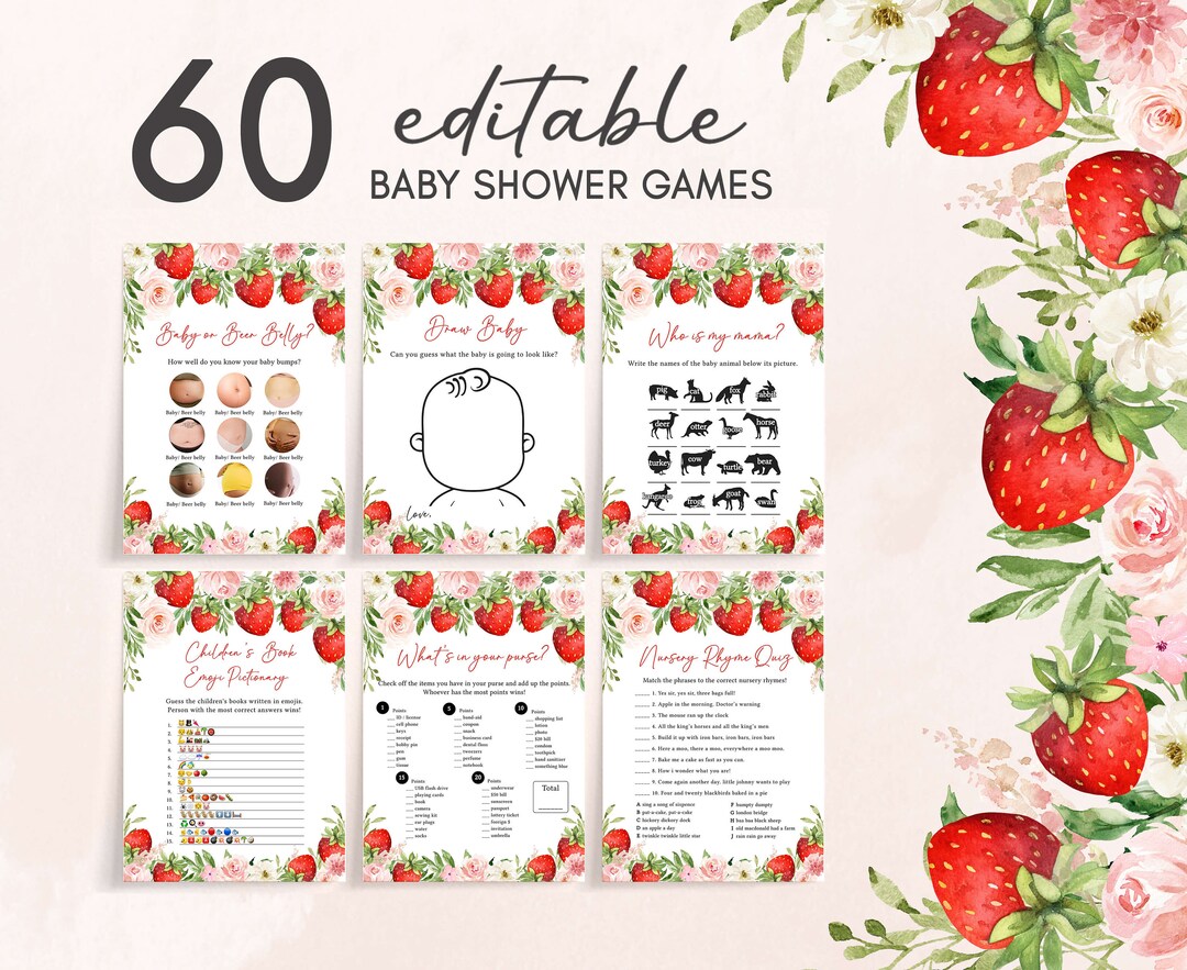 Editable Strawberry Baby Shower Games Bundle, Berry Sweet Baby Shower ...