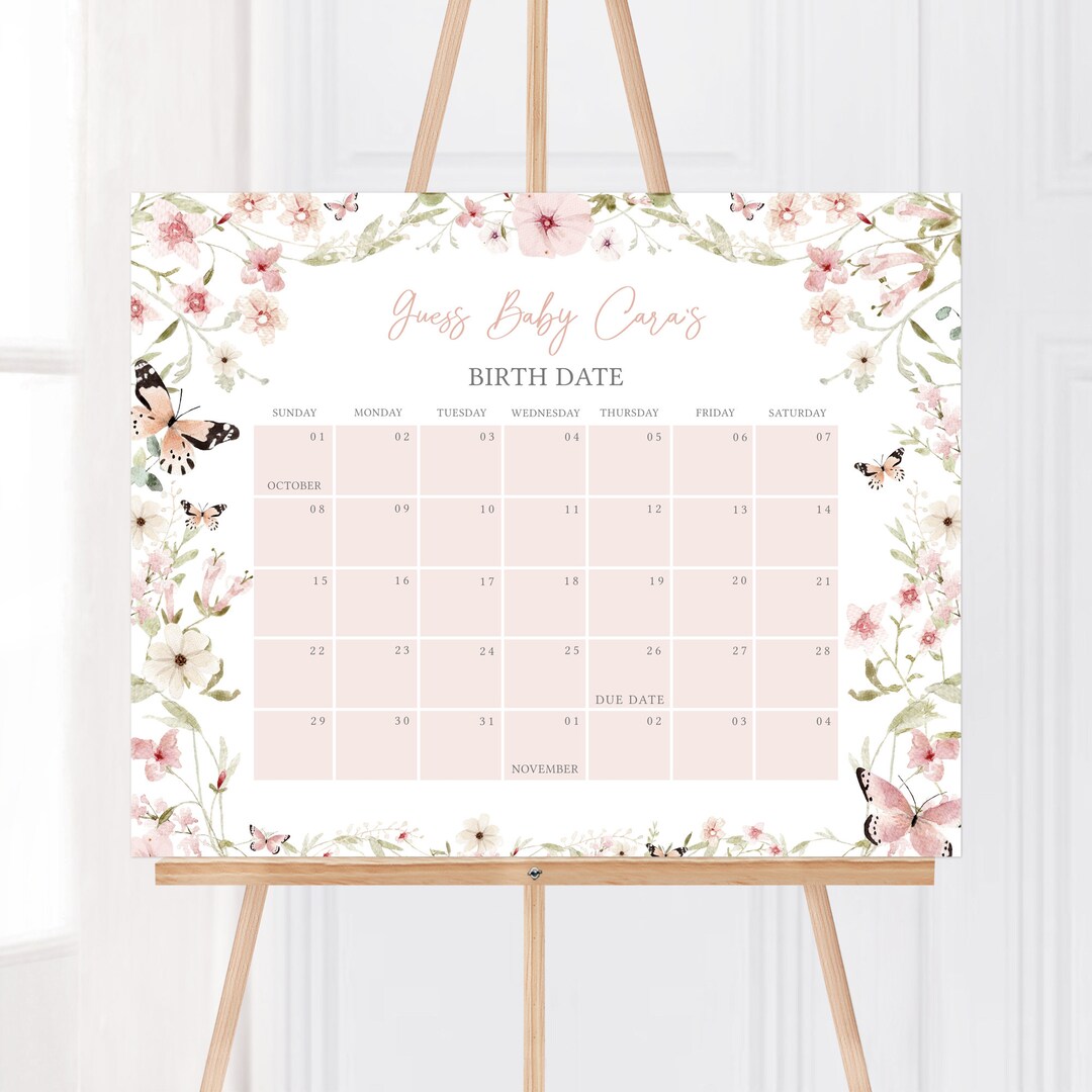 Editable Baby in Bloom Baby Shower Due Date Calendar, Butterfly Baby ...