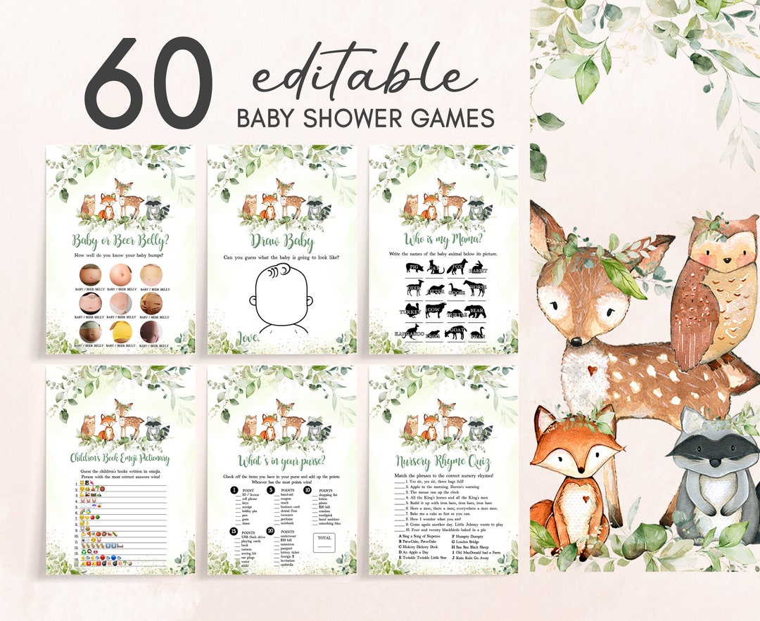 Editable Woodland Baby Shower Games Bundle, Greenery Woodland Animals ...