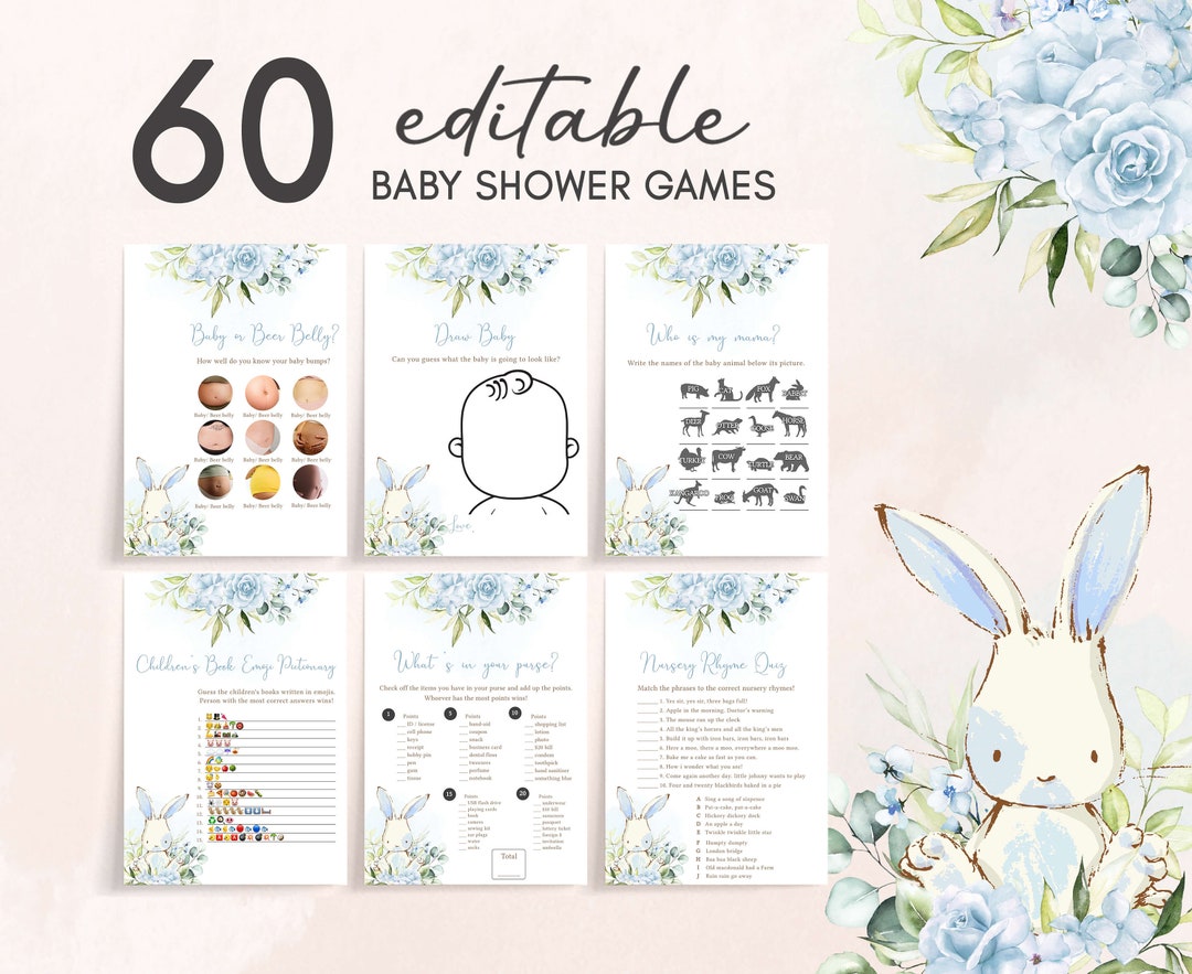 Editable Boy Bunny Baby Shower Games Bundle, Blue Floral Bunny Rabbit ...