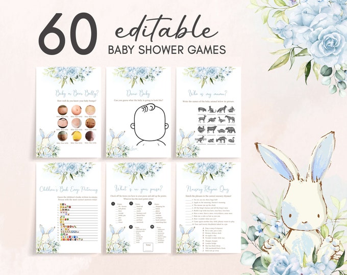 Boy Bunny Baby Shower Game Bundle - Set of 25 Printable Games ...
