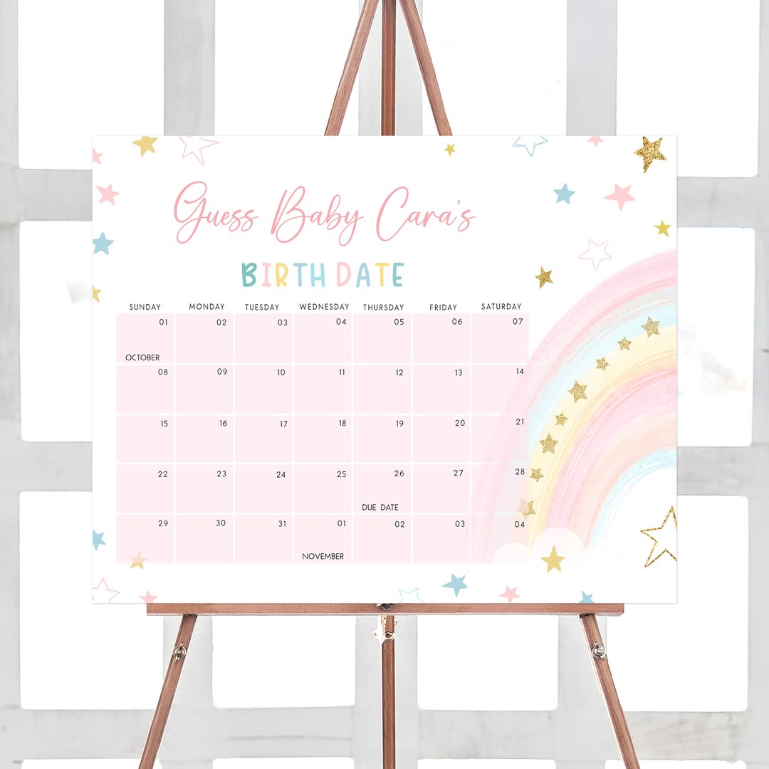 Editable Rainbow Baby Shower Due Date Calendar, Boho Rainbow Baby ...