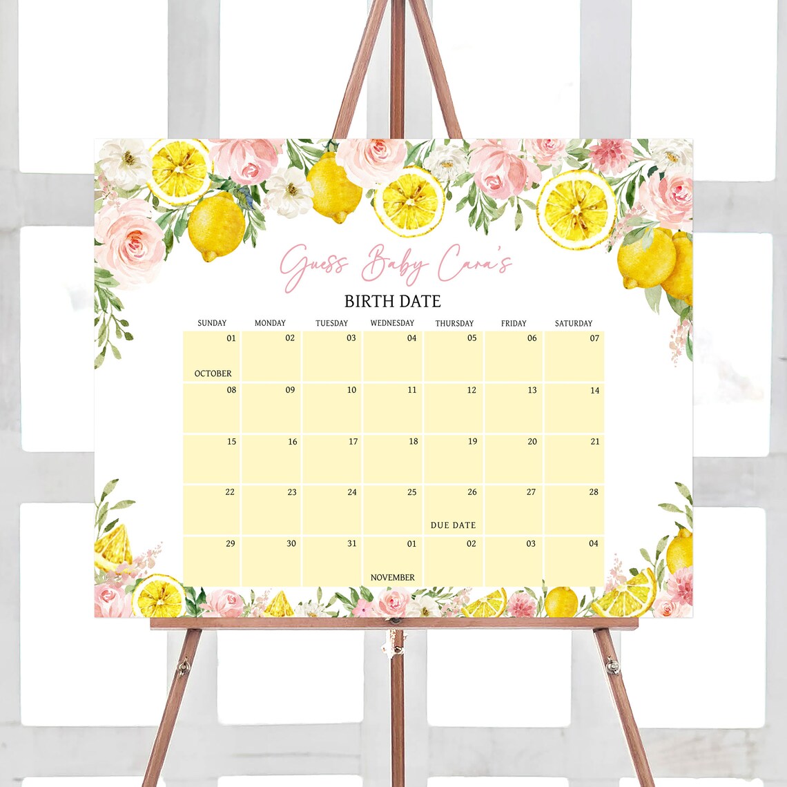 Editable Pink Floral Lemon Baby Shower Due Date Calendar, Girl Lemonade ...