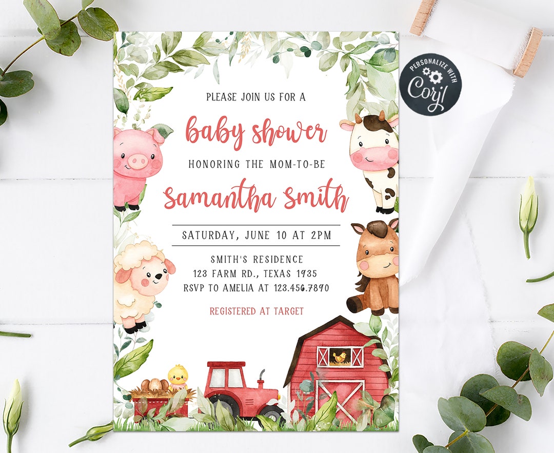 Editable Farm Baby Shower Invitation Red Barnyard Baby Shower Invite ...