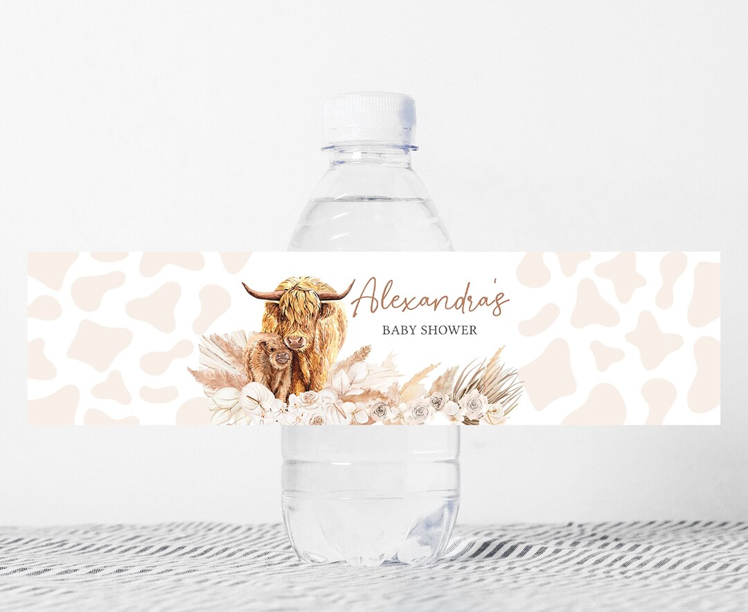 Editable Boho Highland Cow Baby Shower Bottle Label, Gender Neutral ...