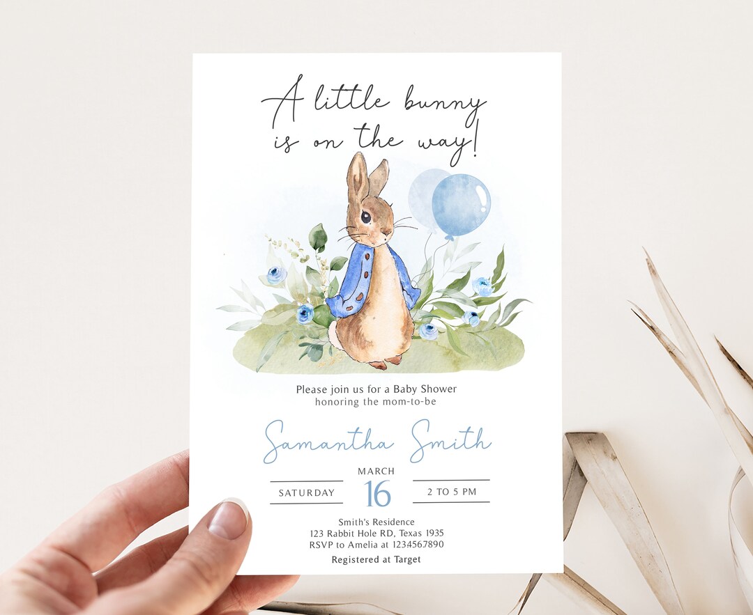 Editable Blue Peter Rabbit Baby Shower Invitation, Bunny Boy Baby ...