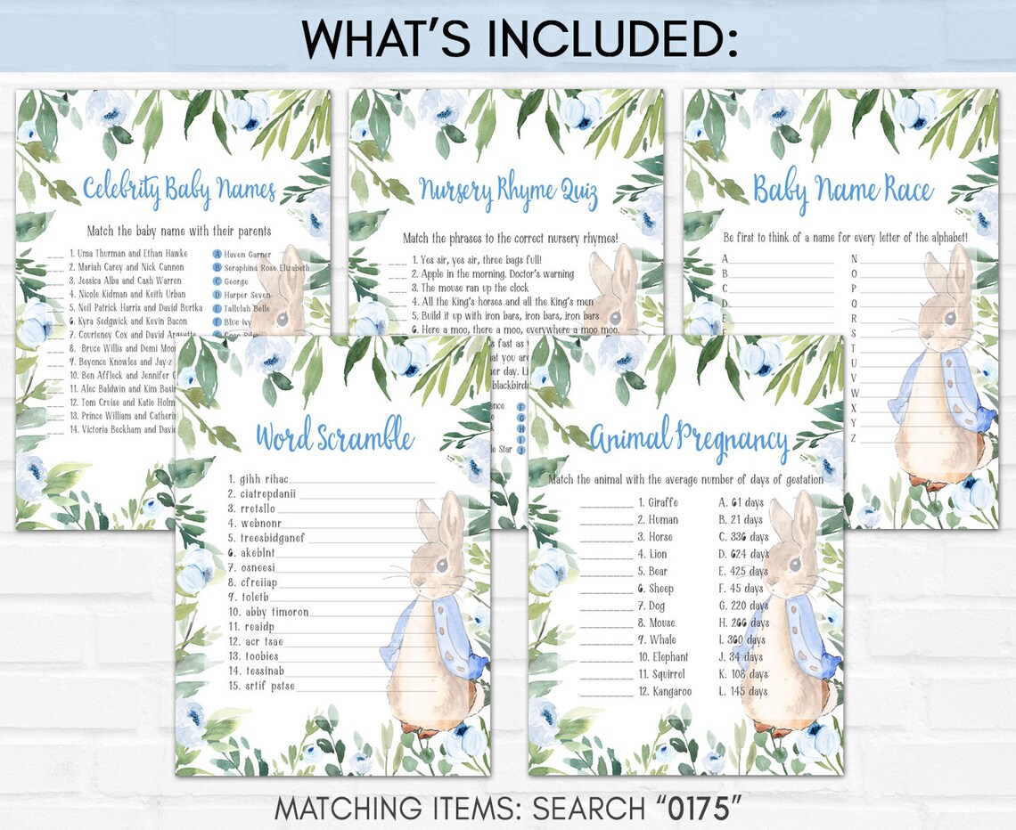 Peter Rabbit Baby Shower Games Printable Blue Peter Rabbit | Etsy