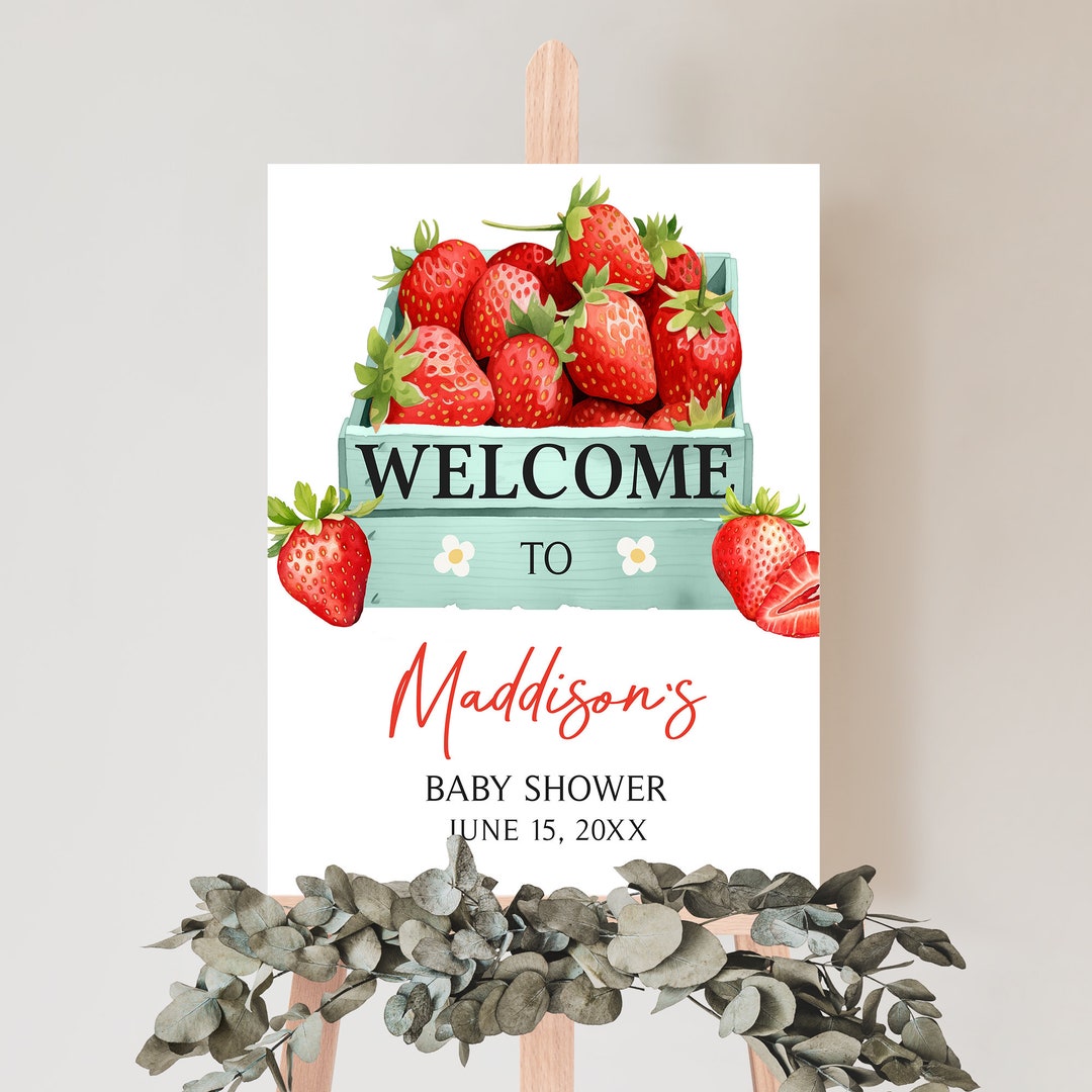 Editable Berry Sweet Baby Shower Welcome Sign, Strawberry Baby Shower ...
