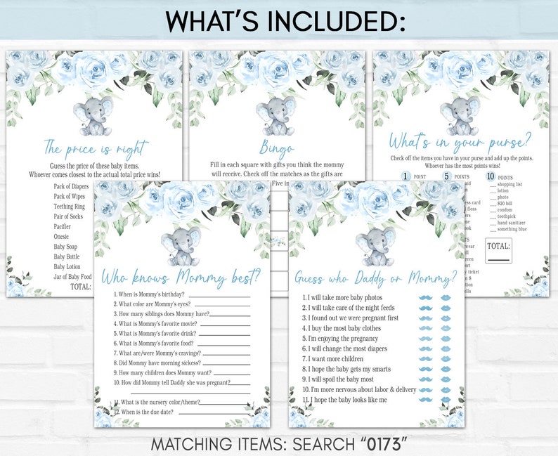 Elephant Baby Shower Game Bundle Blue Elephant Boy Baby - Etsy