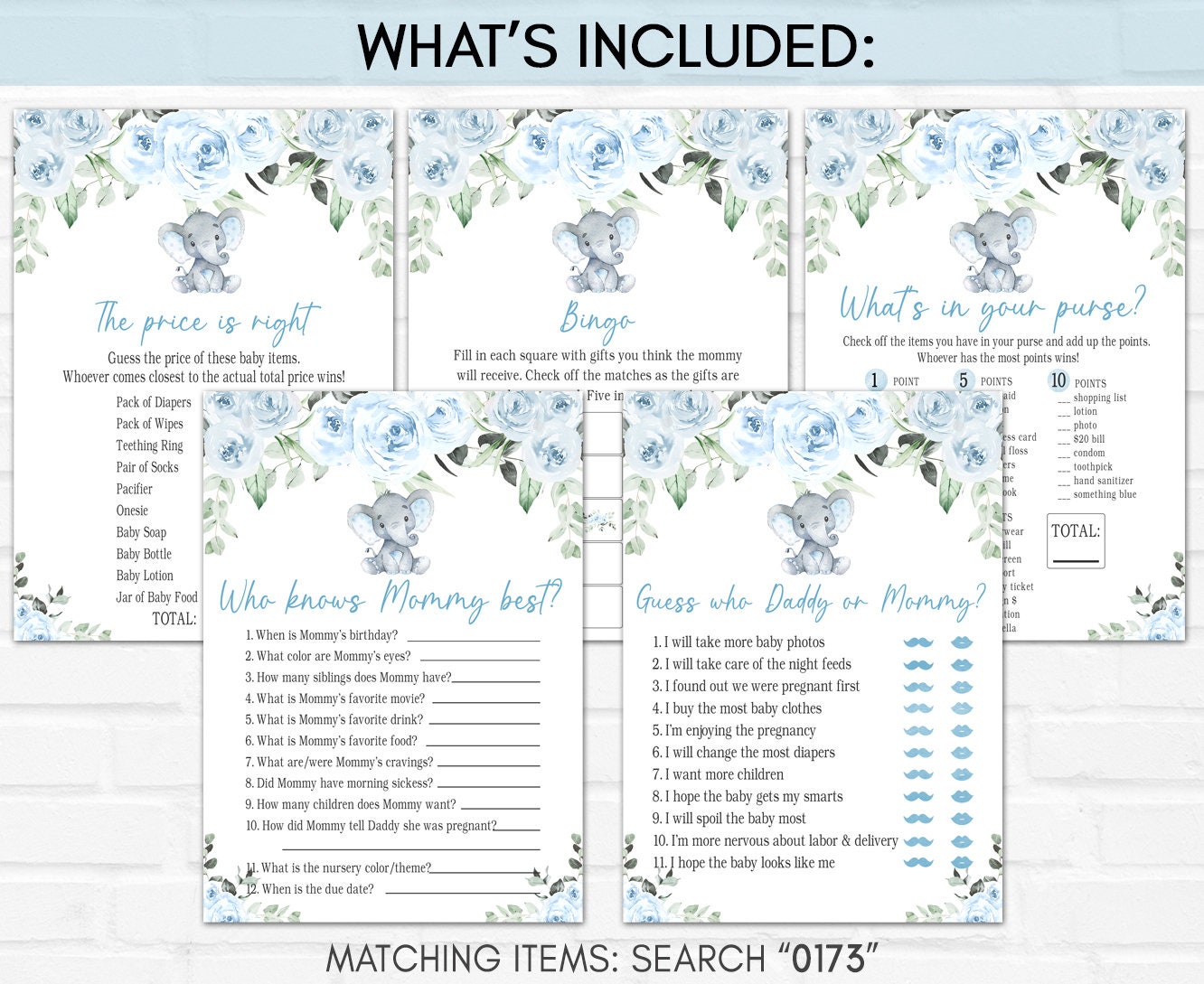 Elephant Baby Shower Game Bundle Blue Elephant Boy Baby | Etsy