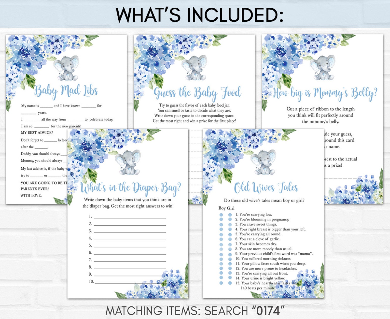 Elephant Baby Shower Game Bundle, Blue Elephant Boy Baby Shower Games ...