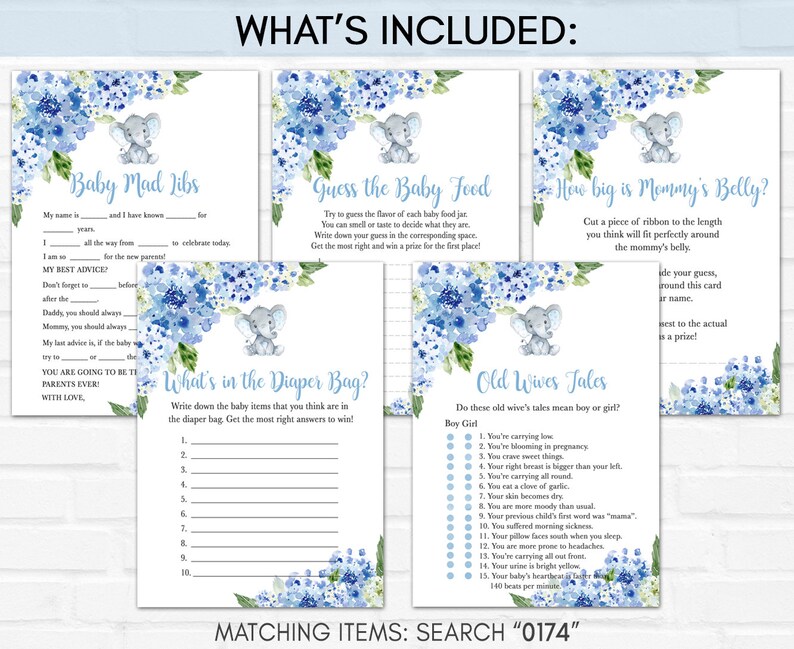 Elephant Baby Shower Game Bundle, Blue Elephant Boy Baby Shower Games ...