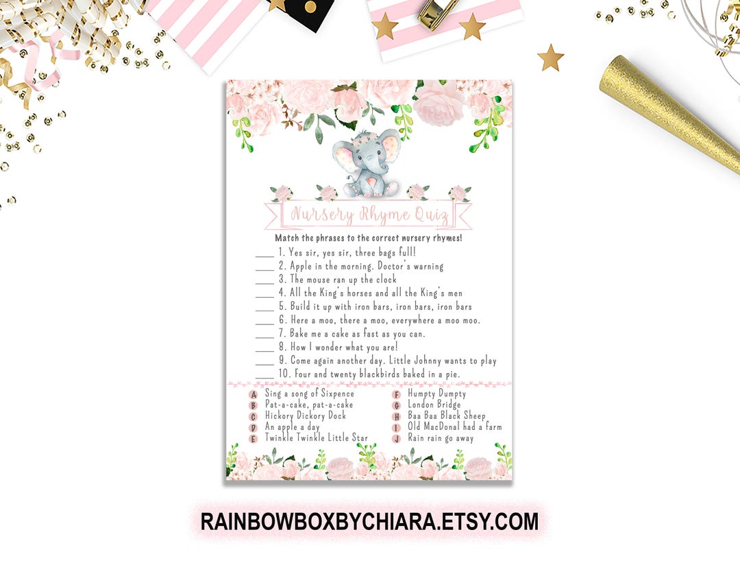 Elephant Nursery Rhymes, Pink Floral Elephant Shower Game, Nursery ...