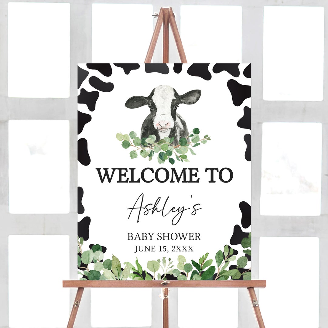 Editable Gender Neutral Highland Cow Baby Shower Welcome Sign, Greenery ...