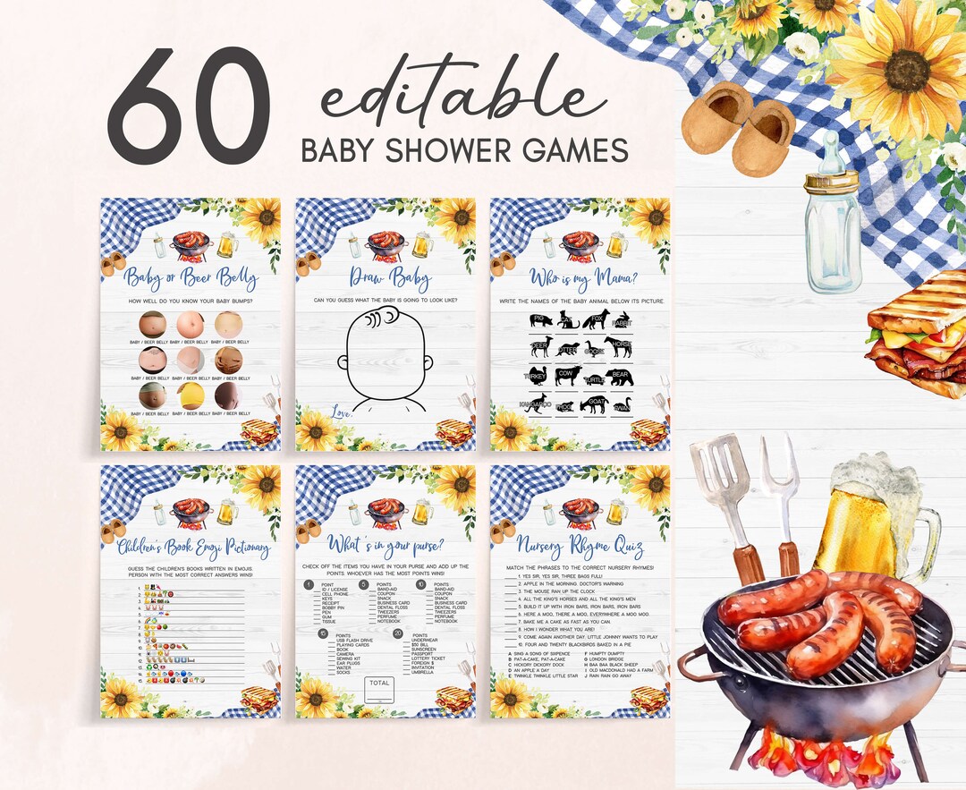 Editable Sunflower Blue Baby-q Baby Shower Games Bundle, Boy BBQ Baby ...