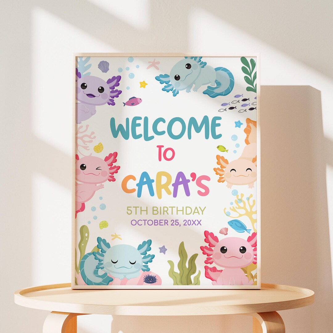 Editable Axolotl Birthday Welcome Sign, Cute Axolotl Party Welcome ...