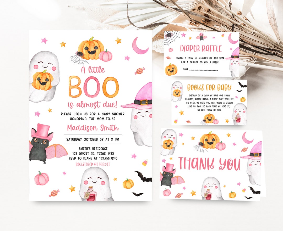 Editable A Little Boo Baby Shower Invitation Bundle, Pink Halloween ...