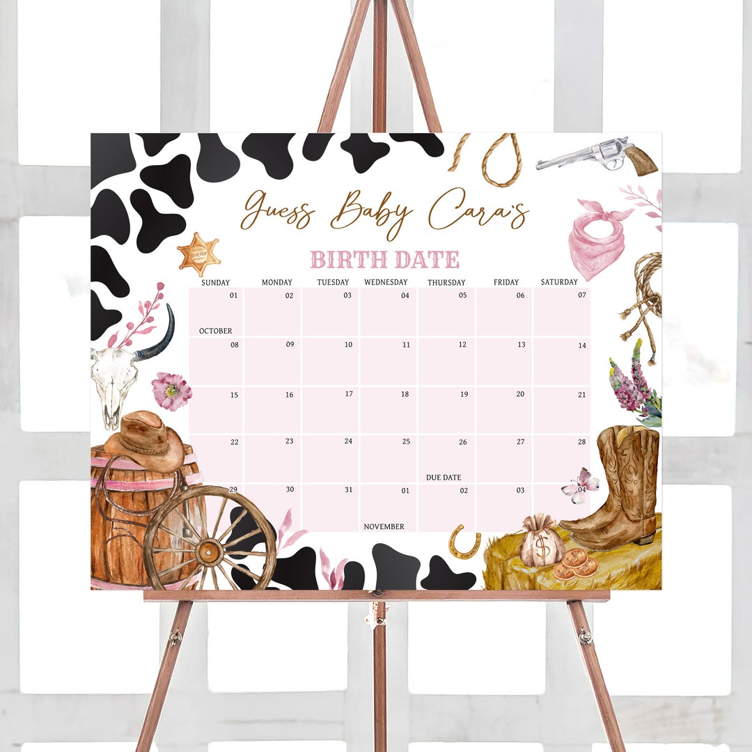 Editable Western Cowgirl Baby Shower Due Date Calendar, Pink Wild West ...