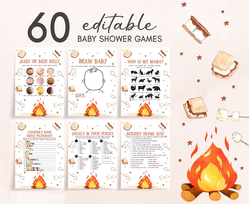 Editable S'more Baby Shower Games Bundle, Fall Bonfire Baby Shower Game ...