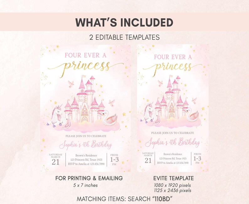 Editable Princess Birthday Invitation, Four Ever a Princess Party ...