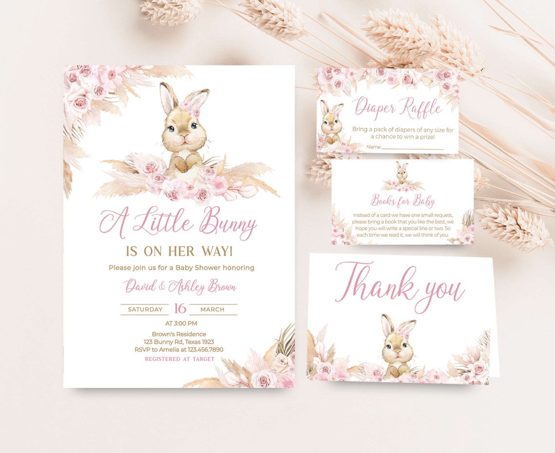 Editable Girl Rabbit Baby Shower Invitation Bundle, Pink Boho Rabbit ...