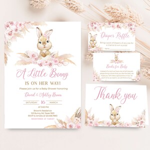 Editable Girl Rabbit Baby Shower Invitation Bundle, Pink Boho Rabbit ...