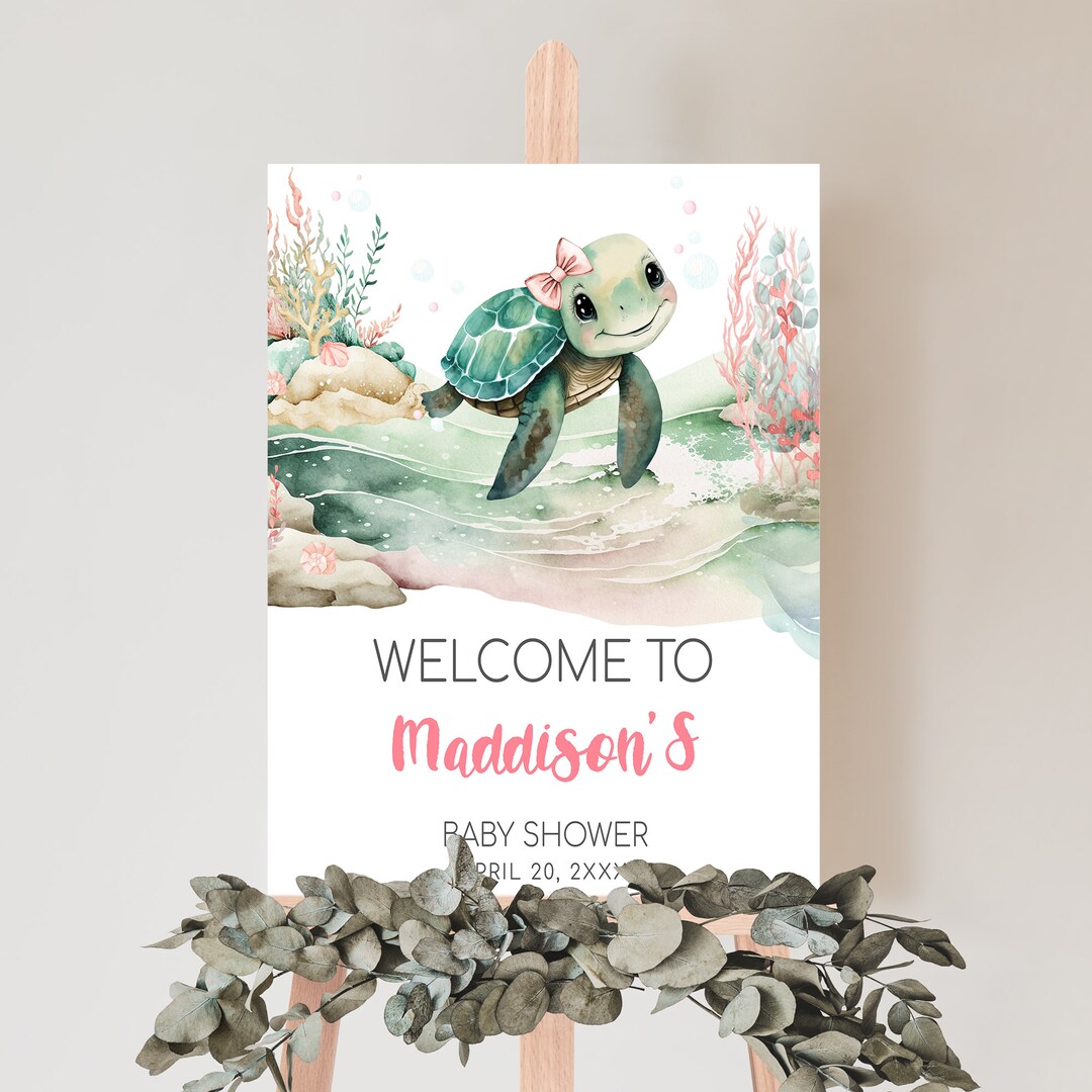Editable Sea Turtle Baby Shower Welcome Sign, Pink Under the Sea Baby ...