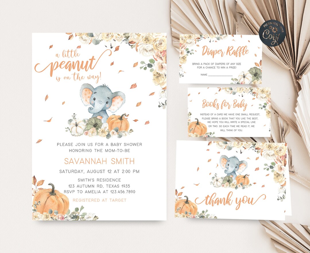 Editable Fall Elephant Baby Shower Invitation Bundle, Elephant Pumpkin ...