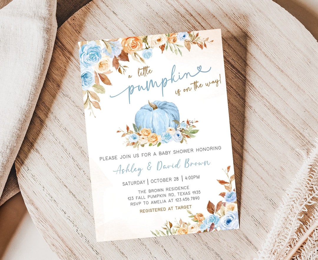 Editable Fall Blue Pumpkin Baby Shower Invitation, Boy Little Pumpkin ...