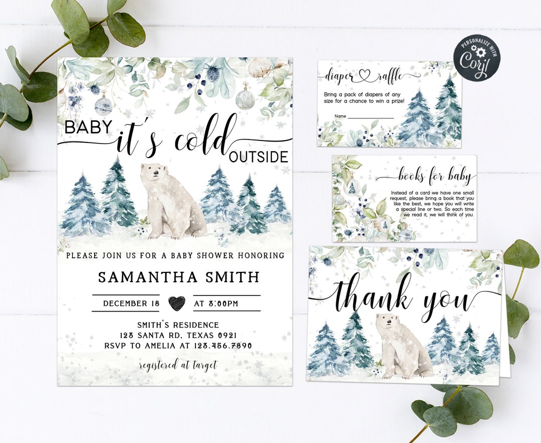 Editable Polar Bear Baby Shower Invitation Set Greenery Winter Bear ...