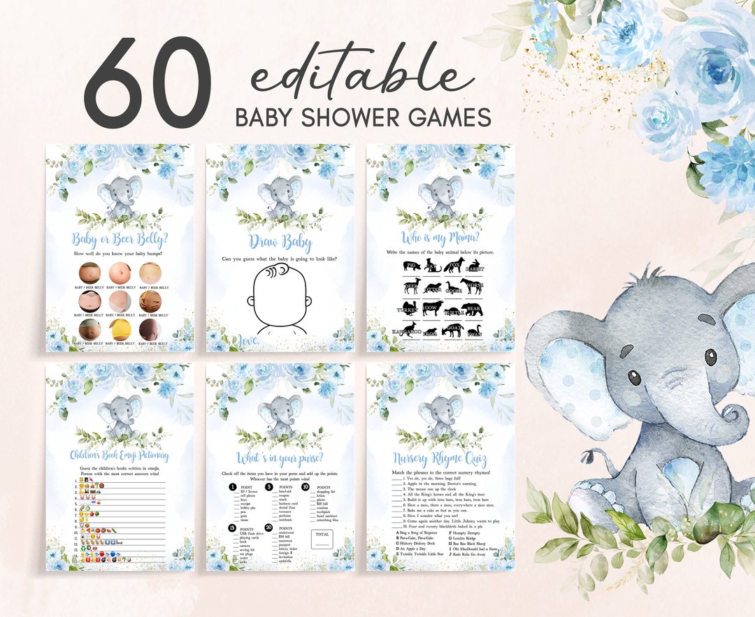 Editable Blue Elephant Baby Shower Games Bundle, Baby Boy Floral Baby ...