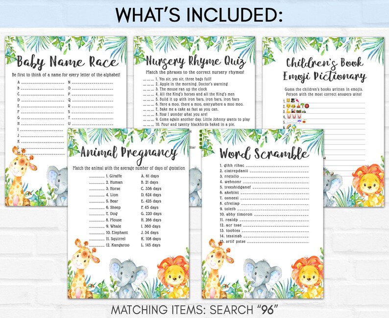 Printable Safari Baby Shower Games Bundle Jungle Safari | Etsy