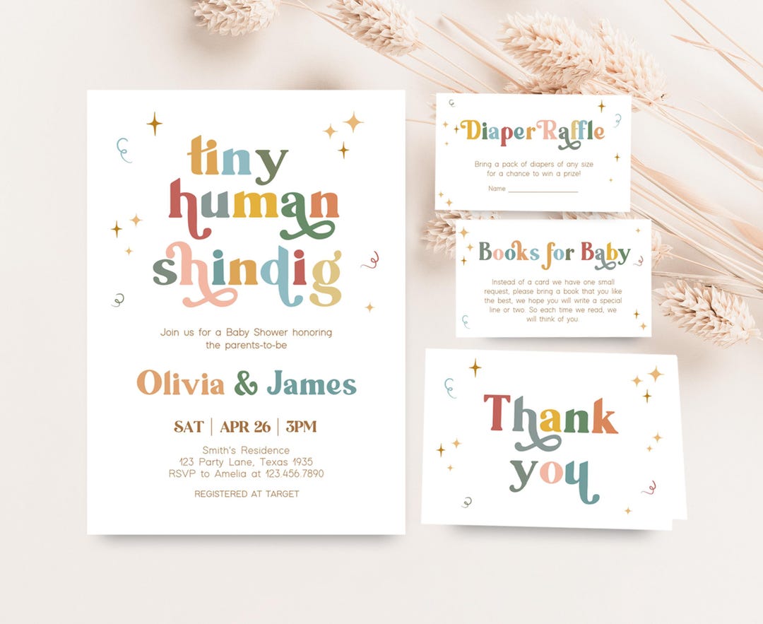 Editable Tiny Human Shindig Baby Shower Invitation Bundle, Retro Modern ...