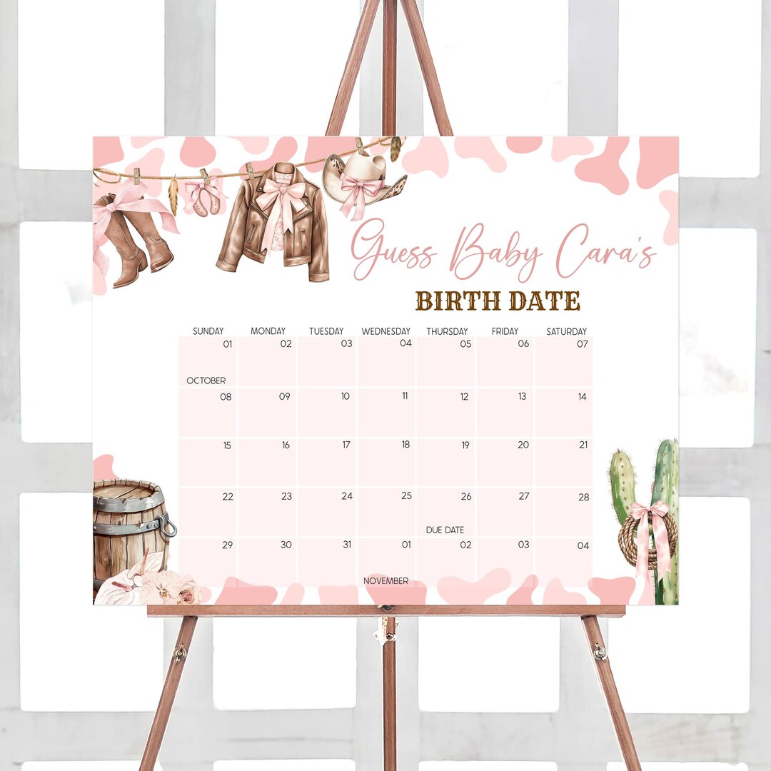 Editable A Little Cowgirl Baby Shower Due Date Calendar, Girl Baby ...