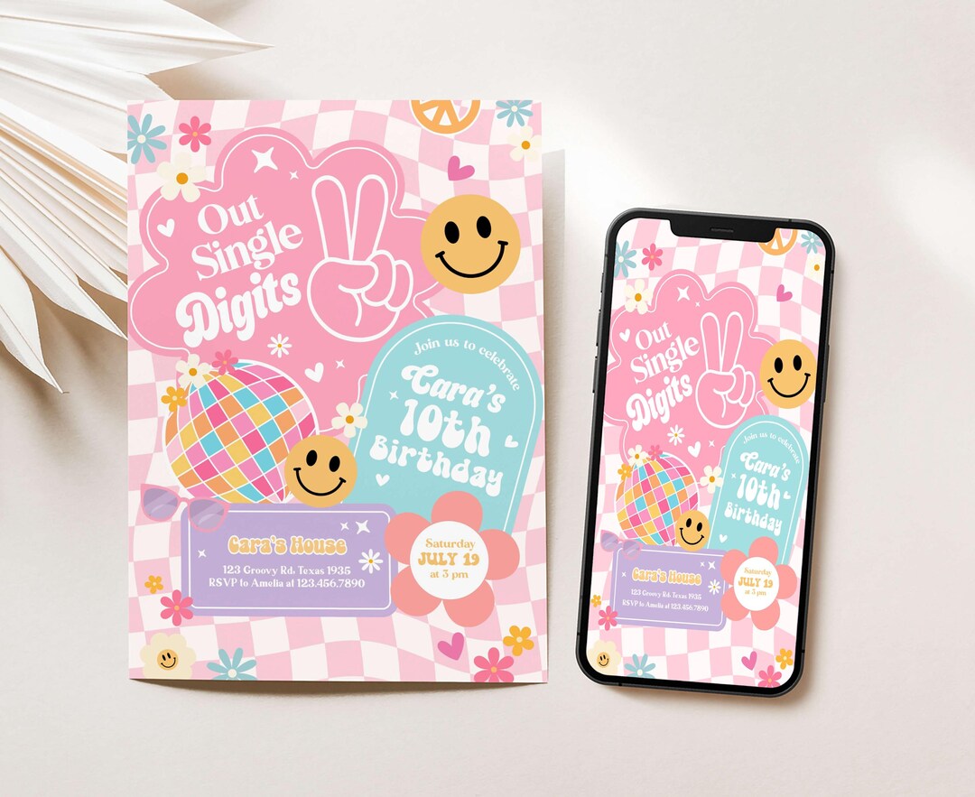 Editable Peace Out Single Digits Birthday Invitation, Retro Checkered ...