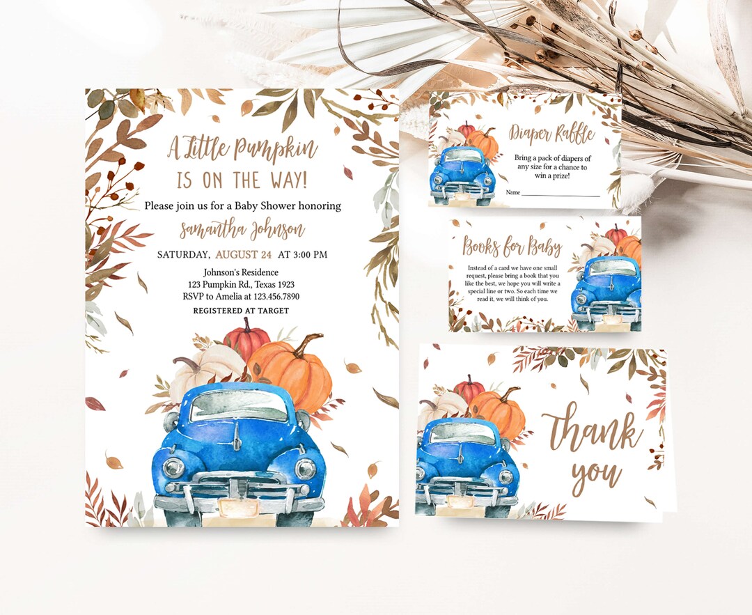 Editable Blue Fall Pumpkin Truck Baby Shower Invitation Bundle, Boy ...