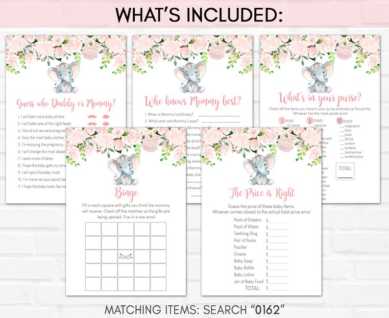 Pink Girl Elephant Baby Shower Game Bundle Blush Pink Floral | Etsy