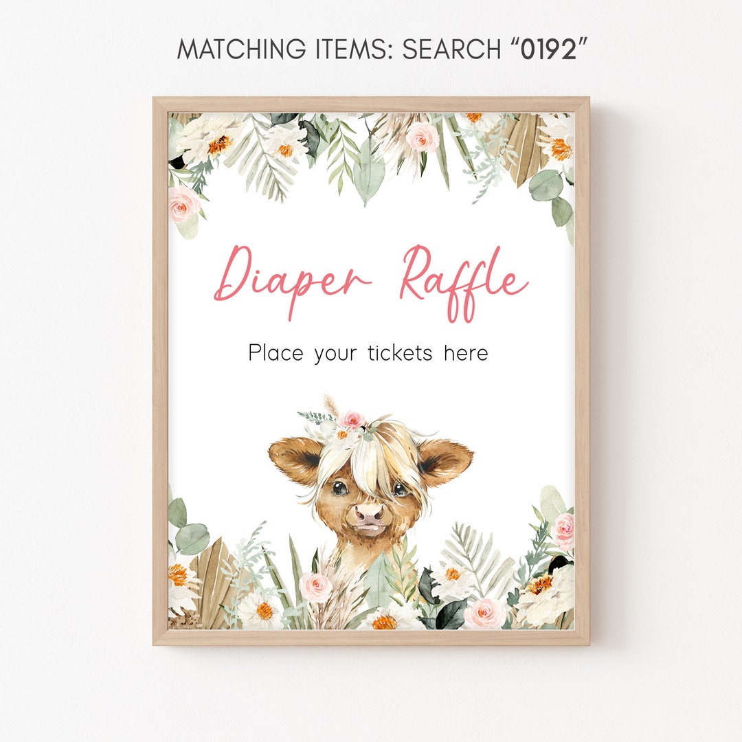Diaper Raffle Sign Highland Cow Baby Shower Pink Floral Cow Baby Shower ...