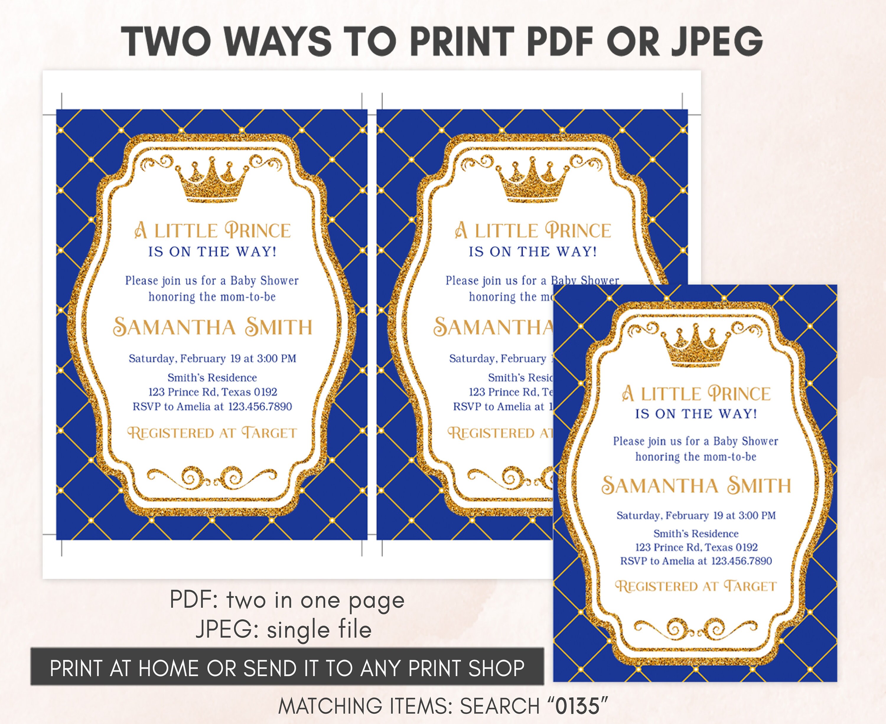 Editable Royal Prince Baby Shower Invitation Set, Navy and Gold Crown ...