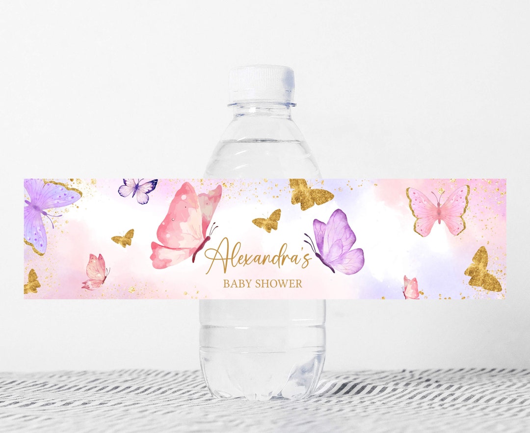 Editable Pink Butterfly Girl Baby Shower Bottle Label, Purple ...