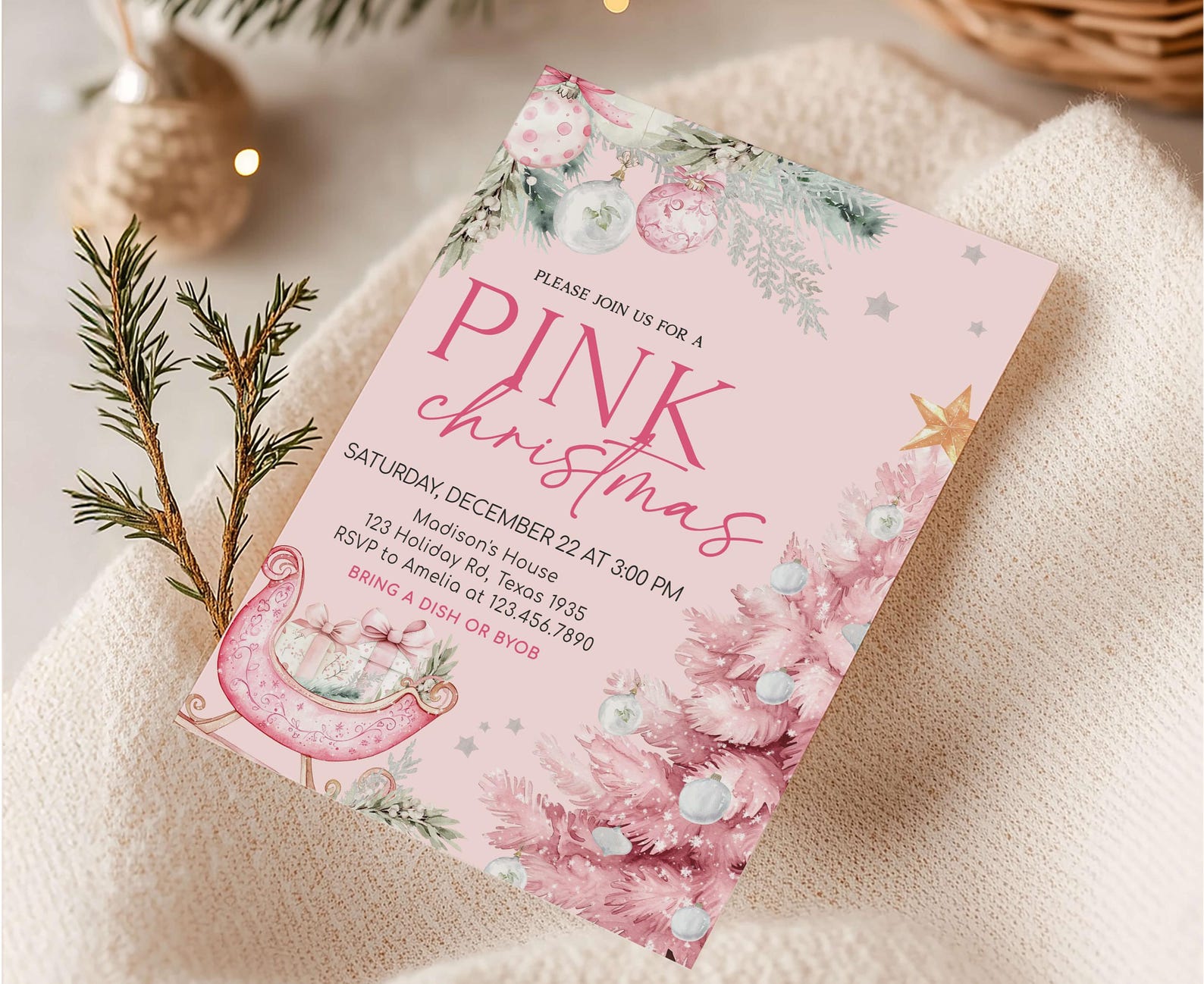 Editable Pink Christmas Party Invitation, Girls Night Out Christmas ...