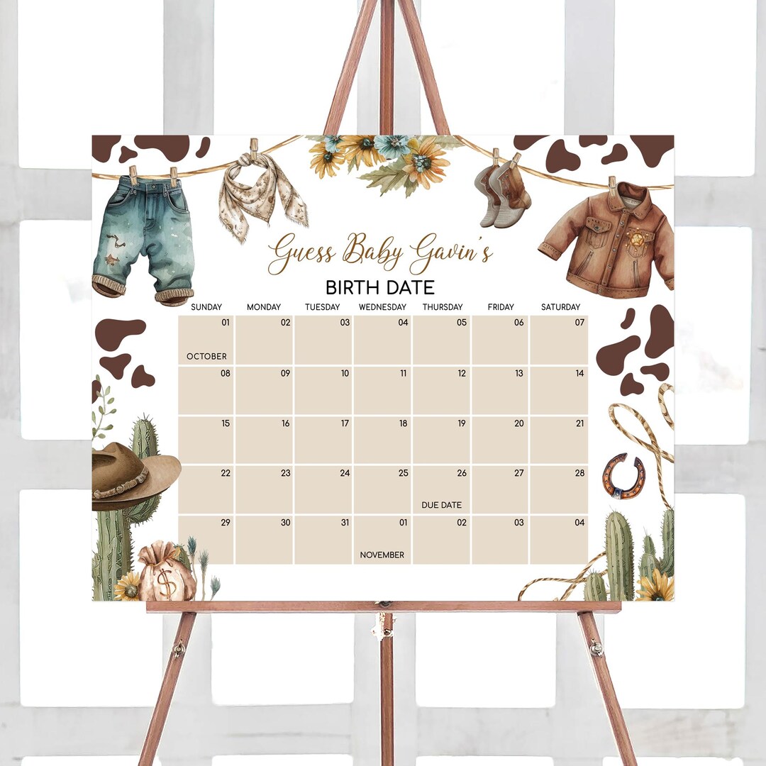 Editable A Little Cowboy Baby Shower Due Date Calendar, Wild West ...