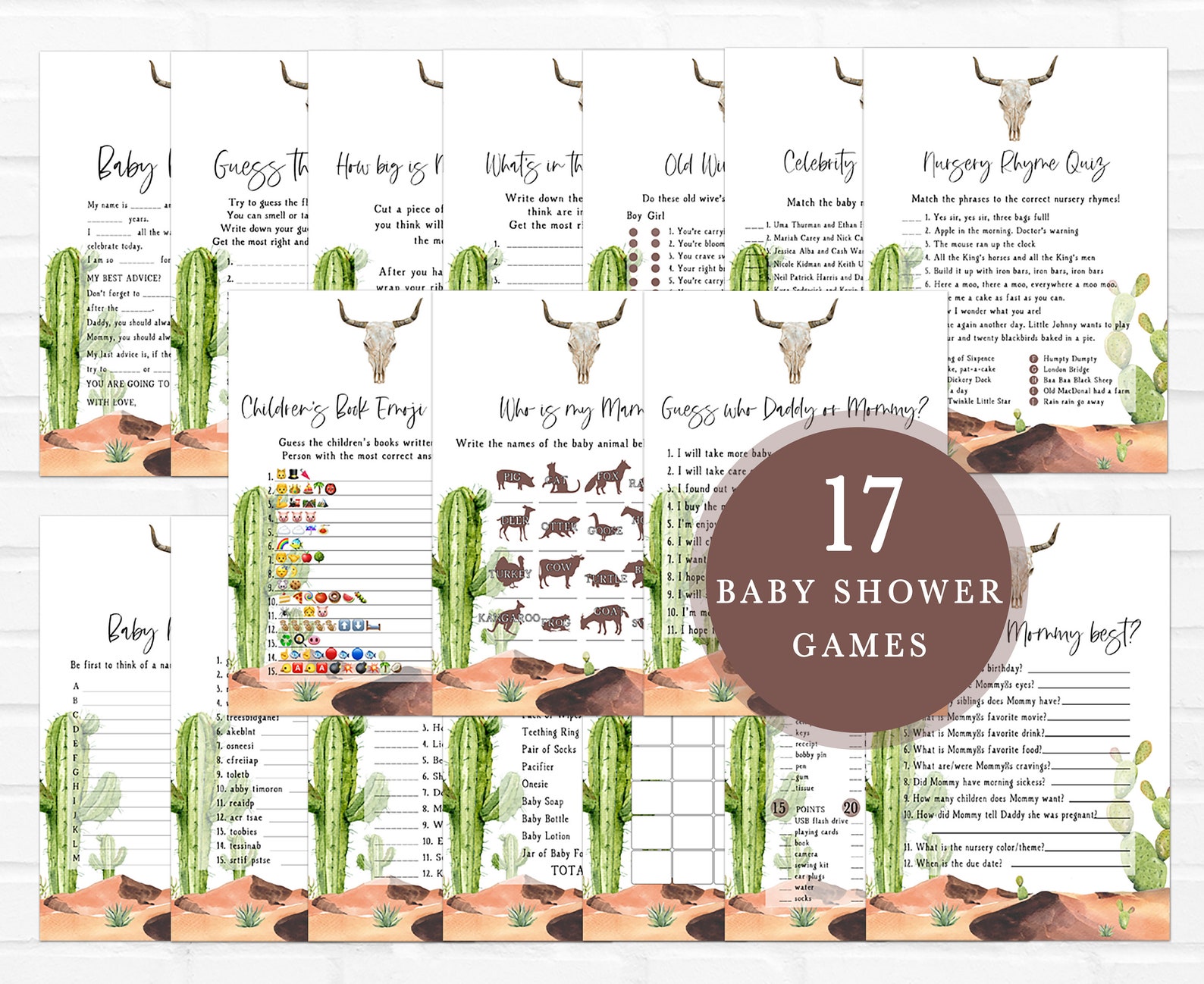 Bull Skull Baby Shower Game Bundle Southwestern Cactus Baby - Etsy