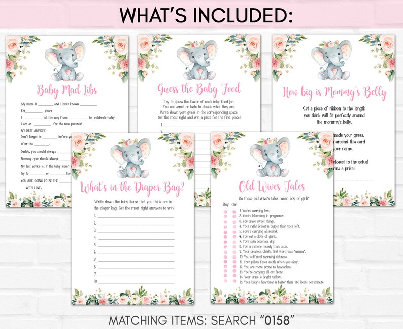 Girl Elephant Baby Shower Games Bundle Pink Floral Elephant - Etsy
