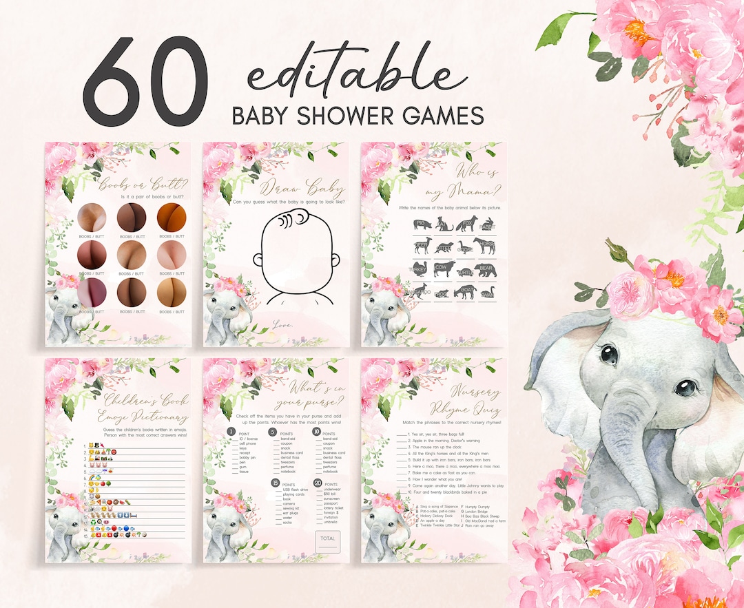 Pink Elephant Baby Shower Games Bundle, Blush Pink Floral Baby Shower ...
