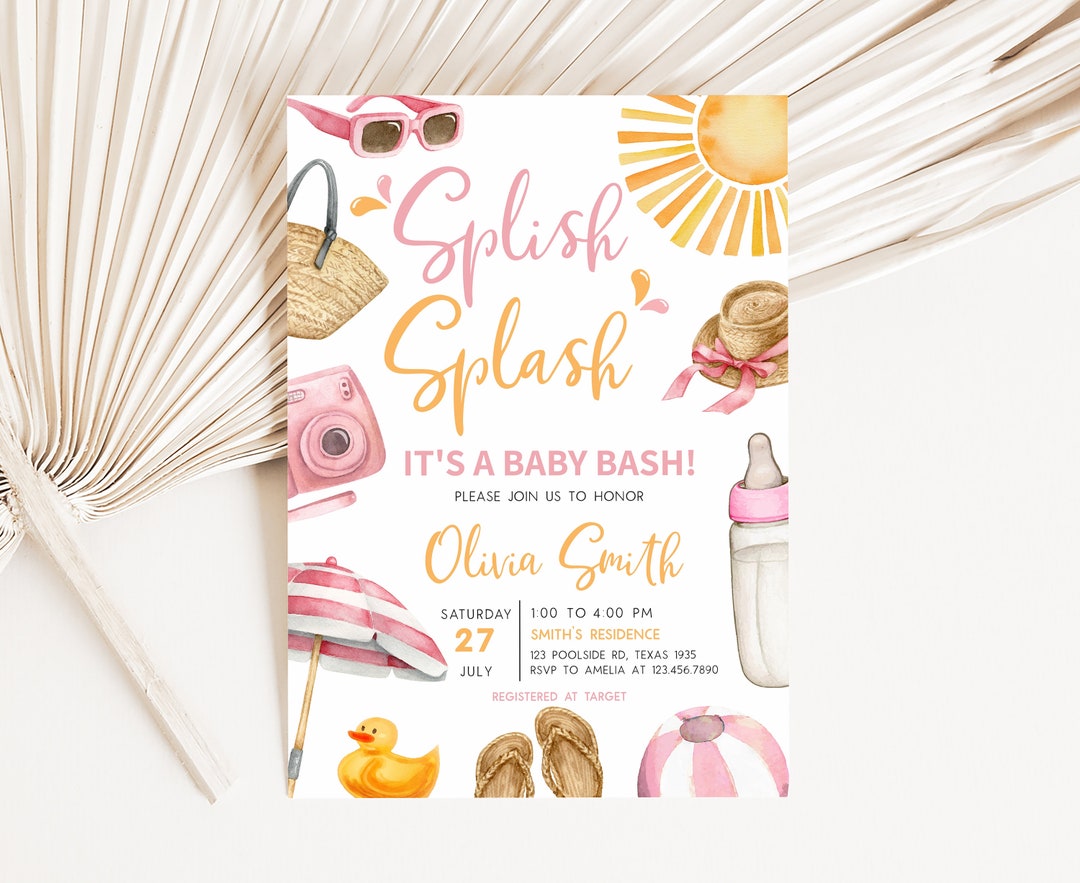 Editable Splish Splash Baby Bash Baby Shower Invitation, Pink Beach ...