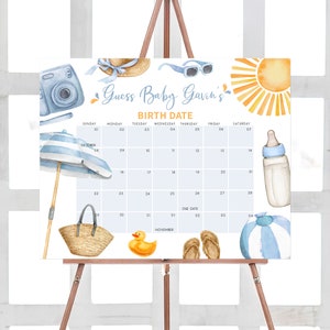 Editable Boy Splish Splash Baby Shower Due Date Calendar, Blue Beach ...